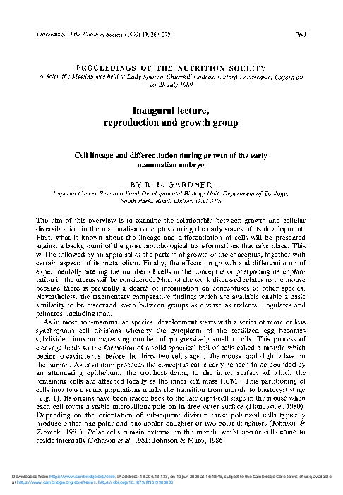 (PDF) Mammalian Embryo Growth and Cell Lineage
