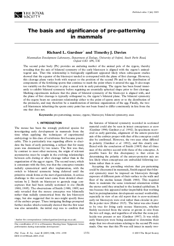 (PDF) The basis and significance of pre–patterning in mammals
