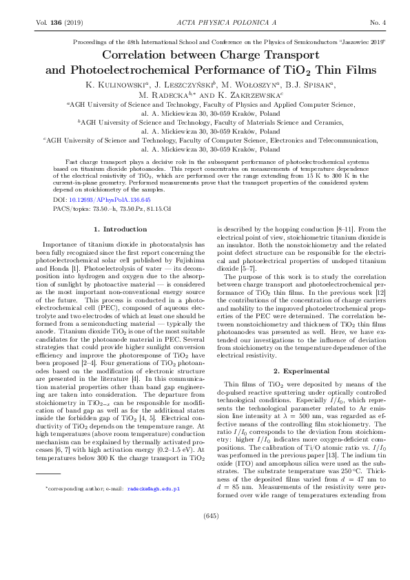 (PDF) Correlation between Charge Transport and Photoelectrochemical ...