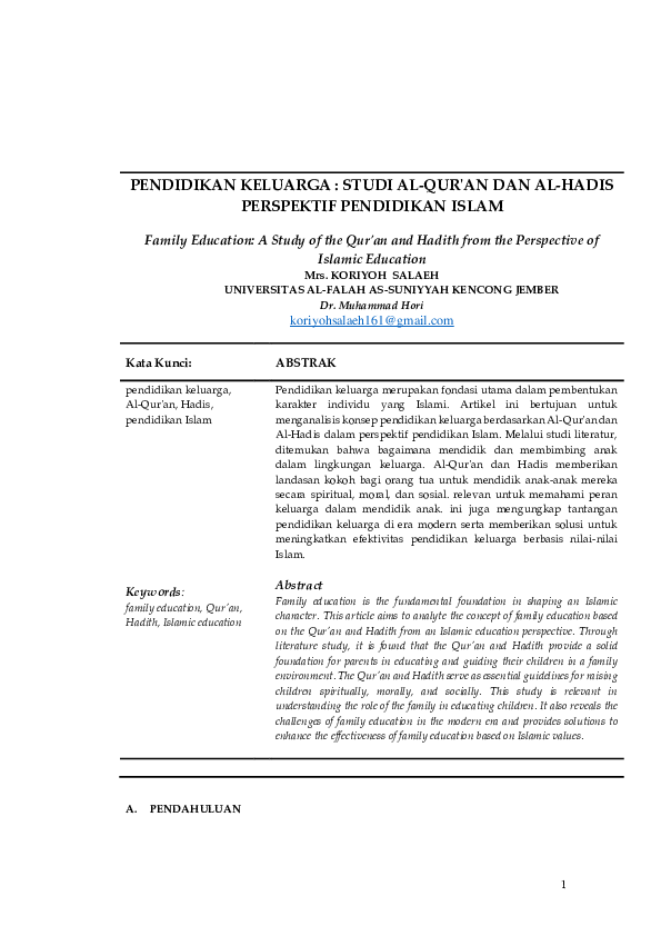(PDF) Pendidikan Keluarga Studi Al Qur'an dan Al Hadis Perspektif Pendidikan Islam