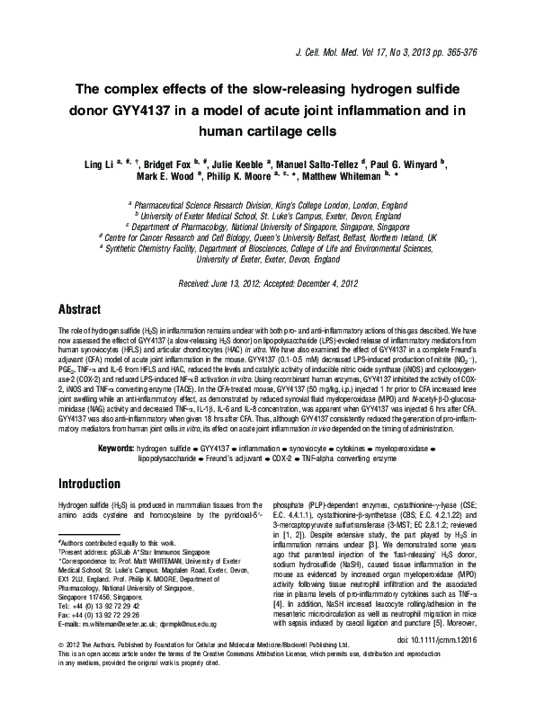 (PDF) The complex effects of the slow‐releasing hydrogen sulfide donor ...