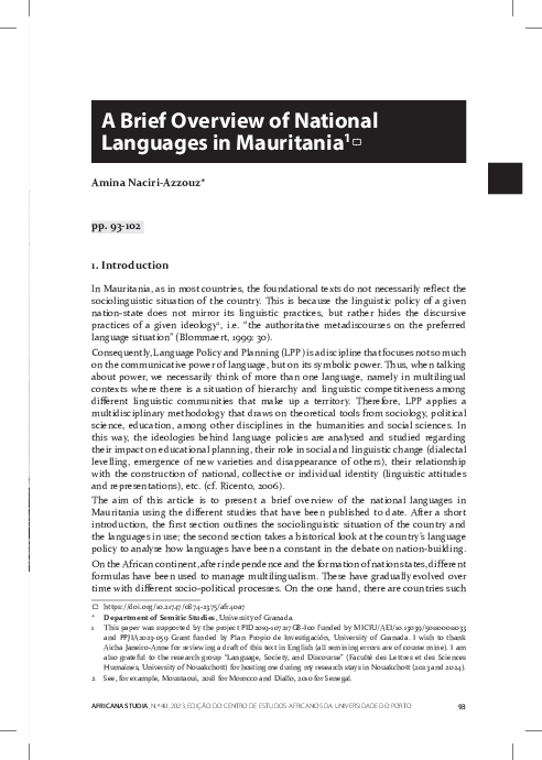 (PDF) A Brief Overview of National Languages in Mauritania