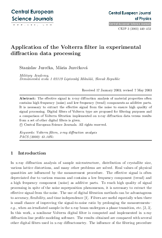 (PDF) Application of the Volterra filter in experimental diffraction data processing