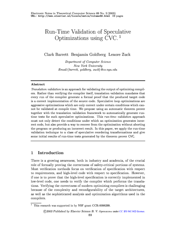 (PDF) Run-Time Validation of Speculative Optimizations using CVC