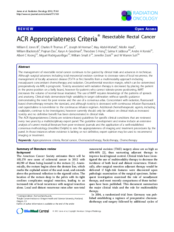 (PDF) ACR Appropriateness Criteria® Resectable Rectal Cancer