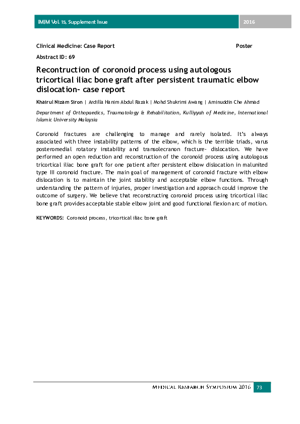 (PDF) Recontruction of coronoid process using autologous tricortical ...