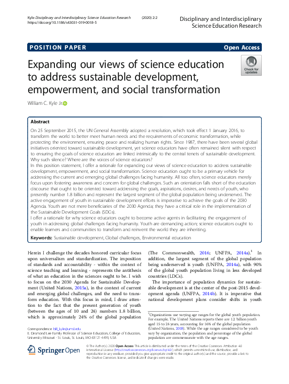 (PDF) Expanding our views of science education to address sustainable ...