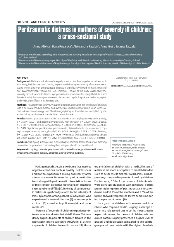 (PDF) Peritraumatic distress in mothers of severely ill children: a ...