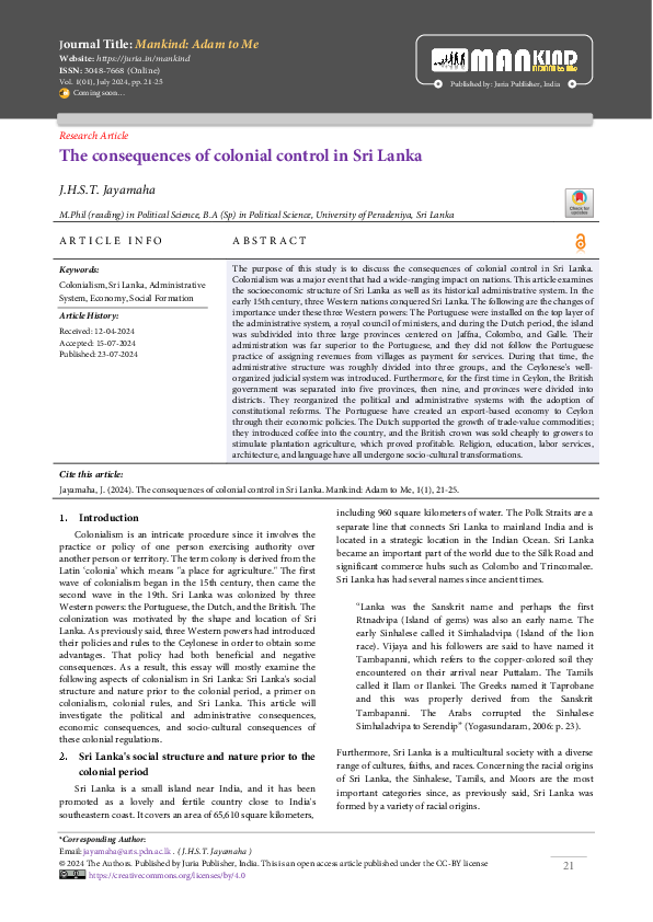 (PDF) The consequences of colonial control in Sri Lanka