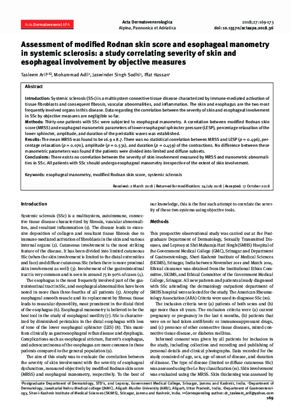 (PDF) Assessment of modified Rodnan skin score and esophageal manometry ...