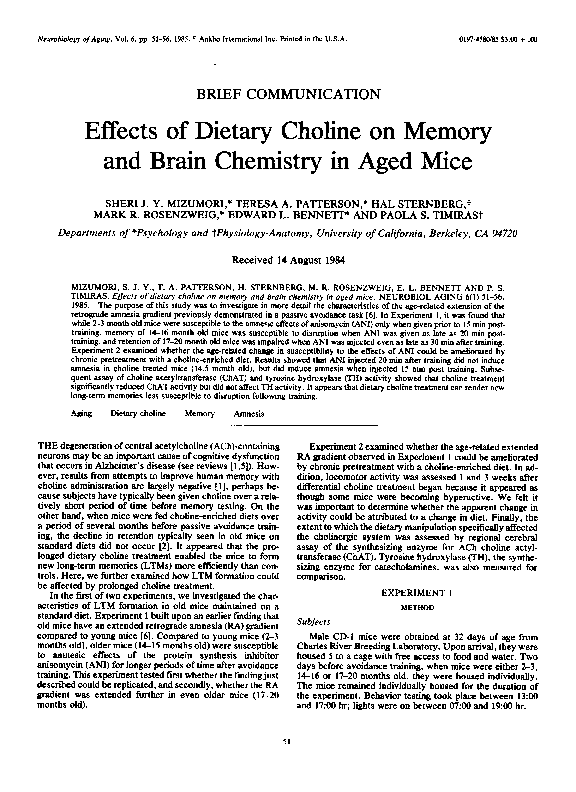 (PDF) Effects of dietary choline on memory and brain chemistry in aged mice