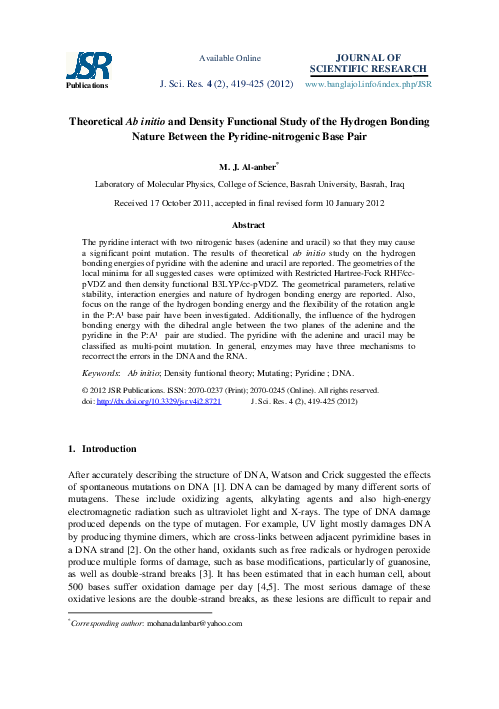 (PDF) Theoretical Ab initio and Density Functional Study of the Hydrogen Bonding Nature Between ...
