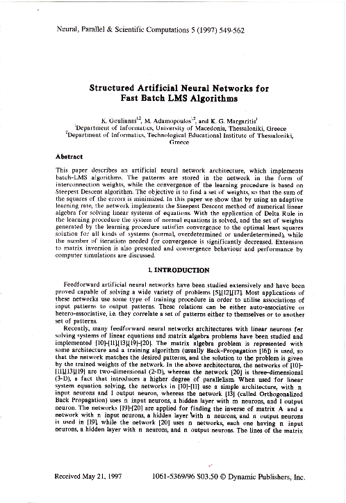(PDF) Structured Artificial Neural Notworks for Fast Batch LMS Algodthms
