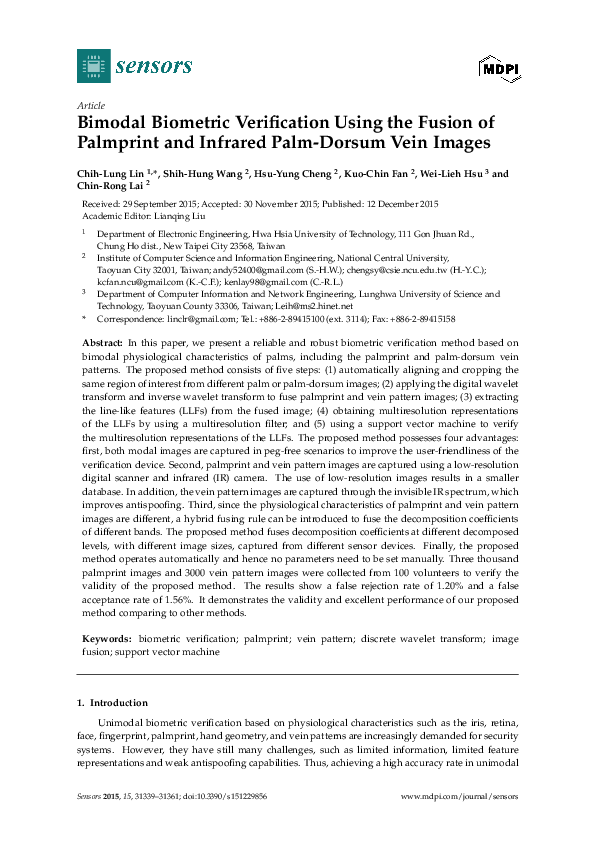 (PDF) Bimodal Biometric Verification Using the Fusion of Palmprint and Infrared Palm-Dorsum Vein ...
