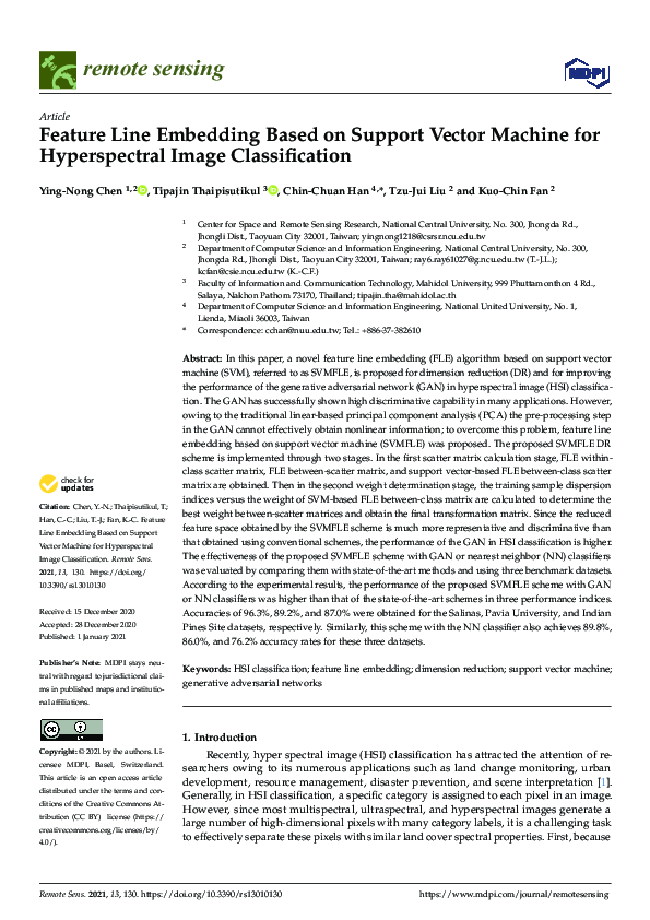Pdf Feature Line Embedding Based On Support Vector Machine For Hyperspectral Image Classification