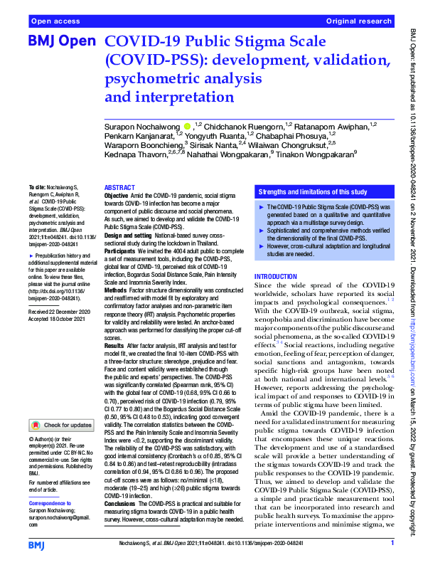 (PDF) COVID-19 Public Stigma Scale (COVID-PSS): development, validation ...