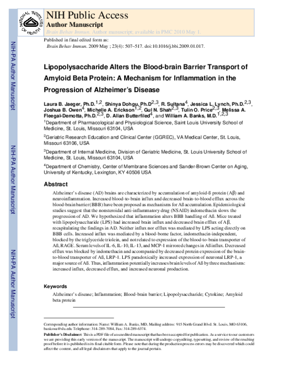 (PDF) Lipopolysaccharide alters the blood–brain barrier transport of amyloid β protein: A ...