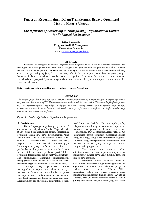 (PDF) Pengaruh Kepemimpinan Dalam Transformasi Budaya Organisasi menuju Kinerja Unggul