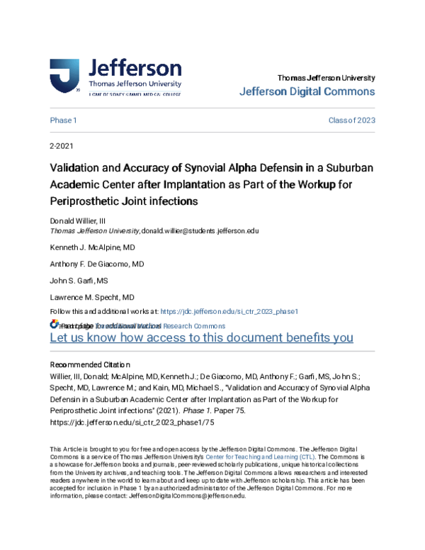 (PDF) Validation and Accuracy of Synovial Alpha Defensin in a Suburban ...