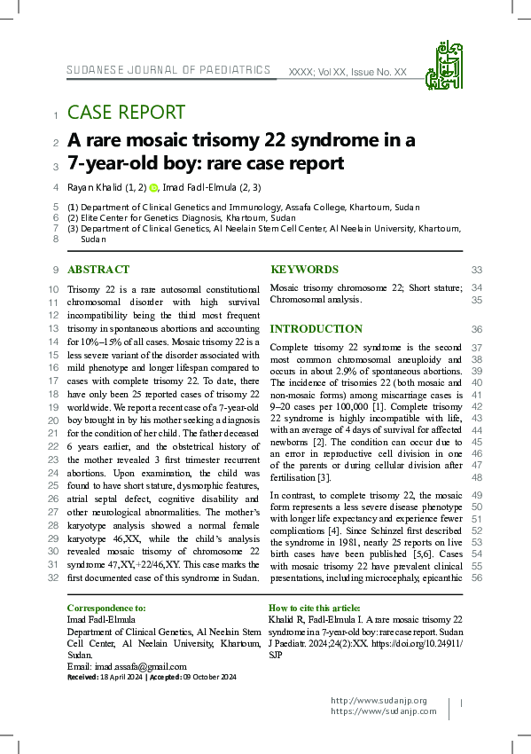 (PDF) A rare mosaic trisomy 22 syndrome in a 7-Year-old boy: Rare case ...