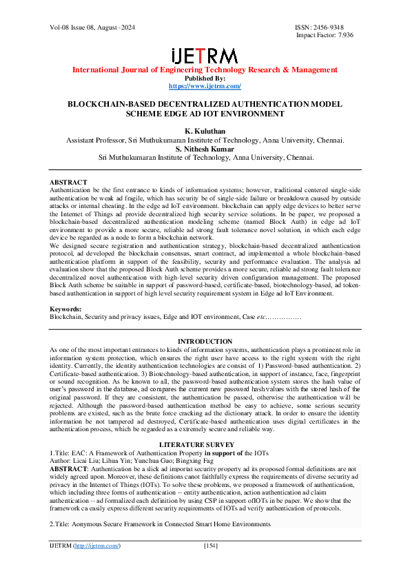 (PDF) BLOCKCHAIN-BASED DECENTRALIZED AUTHENTICATION MODEL SCHEME EDGE AD IOT ENVIRONMENT