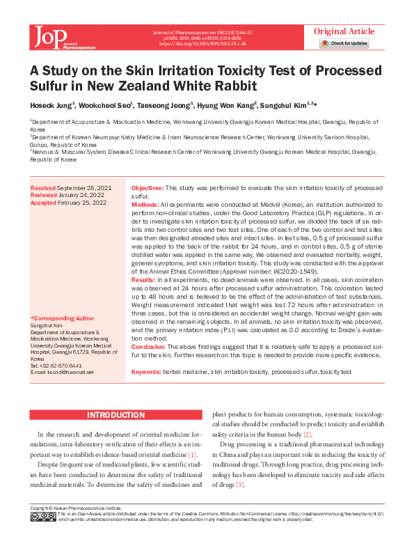 (PDF) A Study on the Skin Irritation Toxicity Test of Processed Sulfur ...