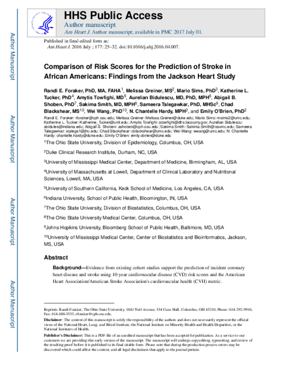 (PDF) Comparison of risk scores for the prediction of stroke in African ...