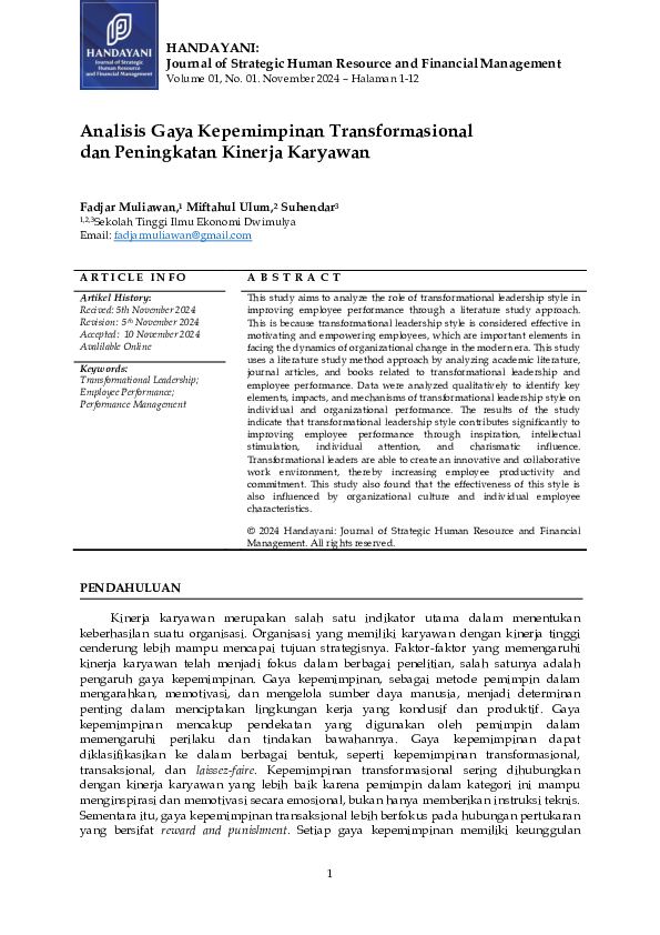 (PDF) Analisis Gaya Kepemimpinan Transformasional dan Peningkatan Kinerja Karyawan