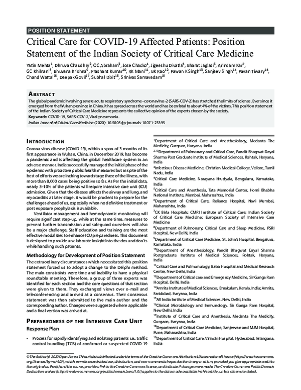 (PDF) Critical Care for COVID-19 Affected Patients: Position Statement ...