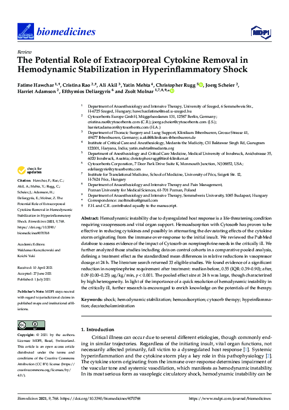(PDF) The Potential Role of Extracorporeal Cytokine Removal in ...