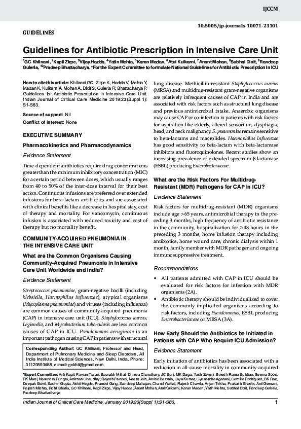 (PDF) Guidelines for Antibiotic Prescription in Intensive Care Unit