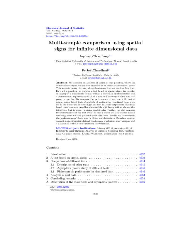 (PDF) Multi-sample comparison using spatial signs for infinite ...