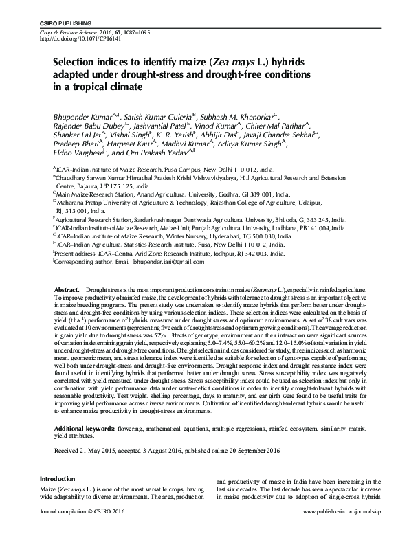 (PDF) Selection indices to identify maize (Zea mays L.) hybrids adapted under drought-stress and ...