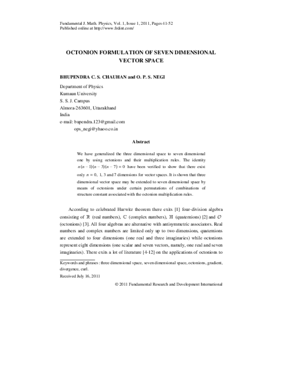 (PDF) Octonion Formulation of Seven Dimensional Vector Space