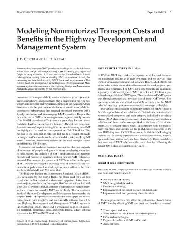 (PDF) Modeling Nonmotorized Transport Costs and Benefits in the Highway ...