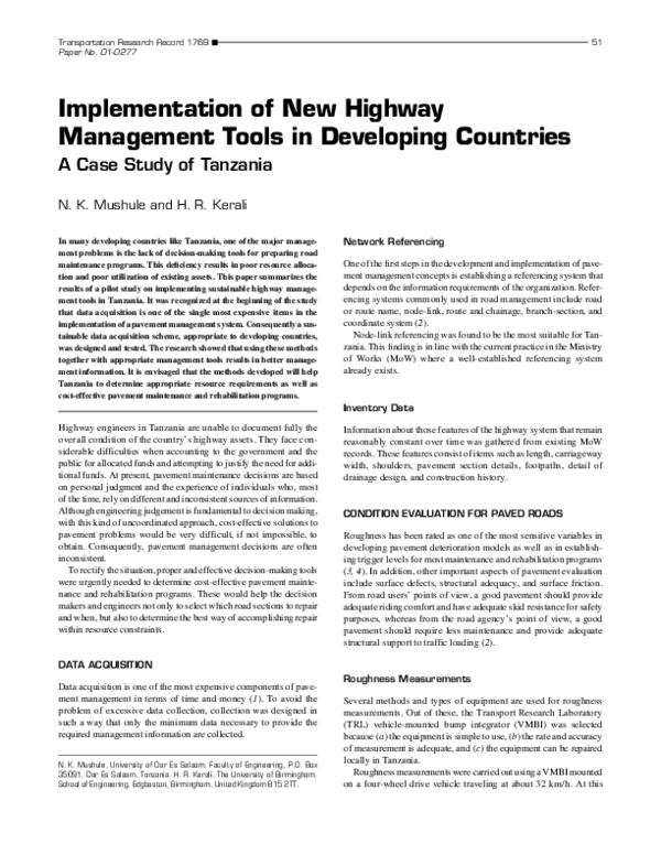 (PDF) Implementation of New Highway Management Tools in Developing ...