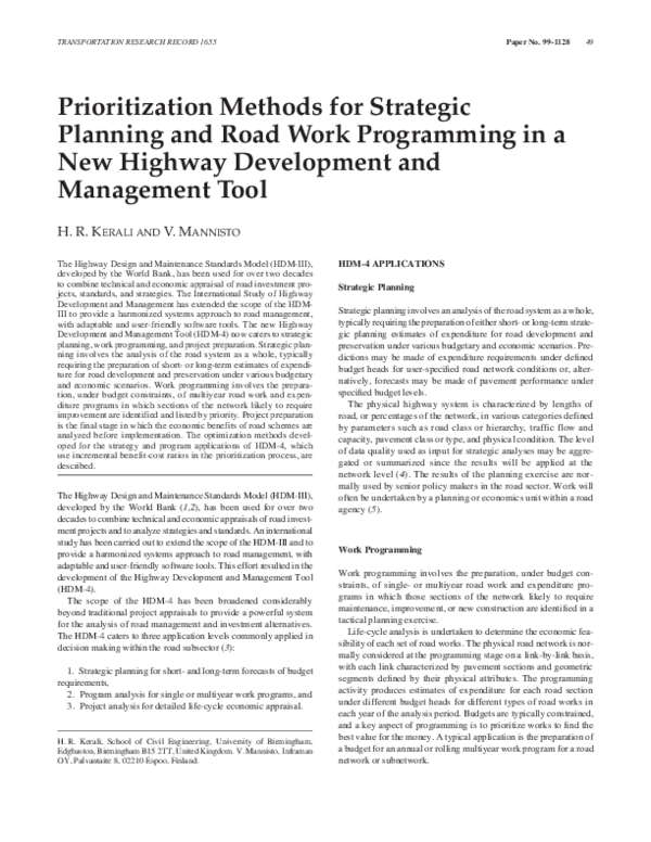 (PDF) Prioritization Methods for Strategic Planning and Road Work ...