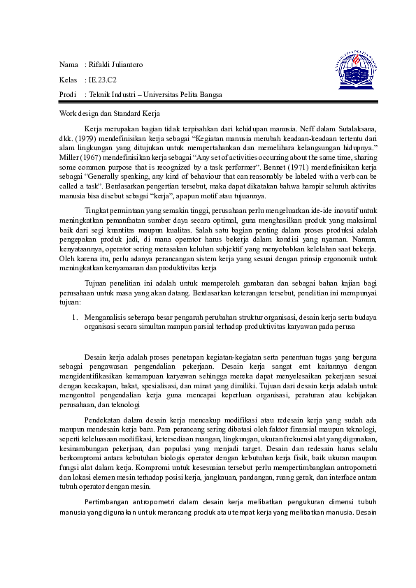 (PDF) Work design dan Standar Kerja