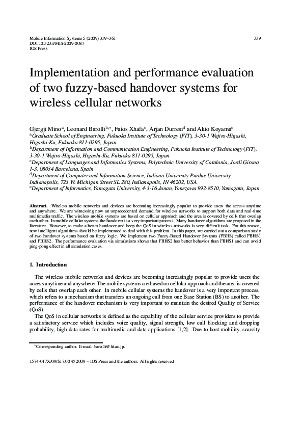 (PDF) Implementation and Performance Evaluation of Two Fuzzy-Based Handover Systems for Wireless ...