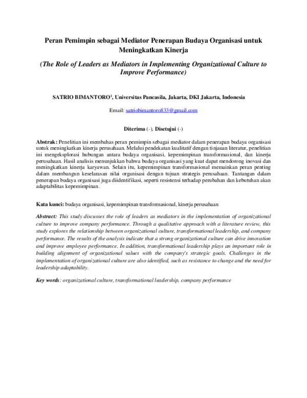 (PDF) Peran Pemimpin sebagai Mediator Penerapan Budaya Organisasi untuk Meningkatkan Kinerja
