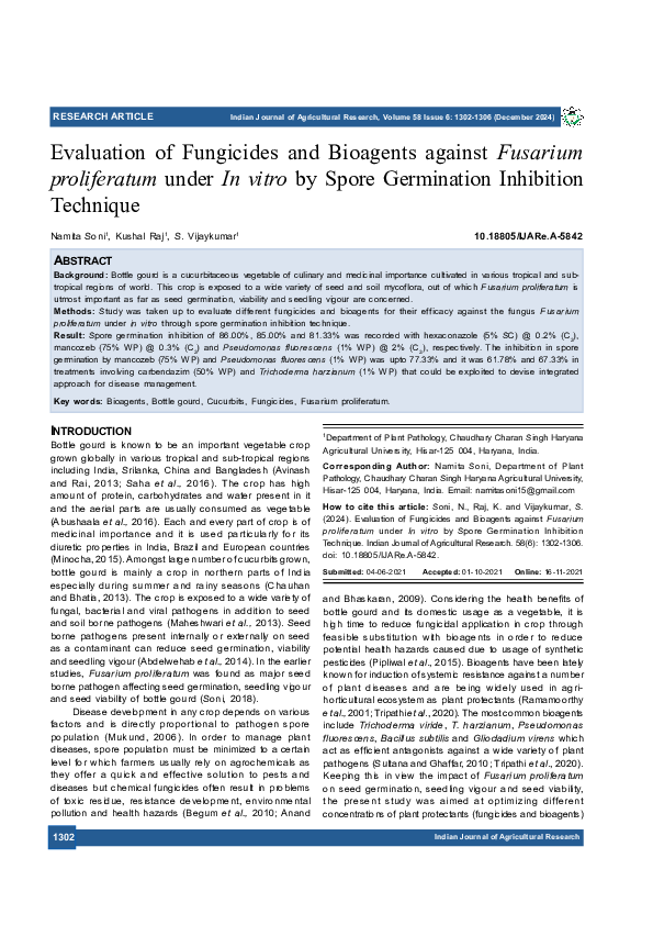 (PDF) Evaluation of Fungicides and Bioagents against Fusarium proliferatum under In vitro by ...