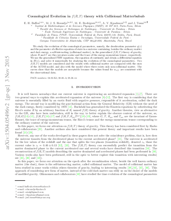 (PDF) Cosmological evolution inf(R,T)theory with collisional matter