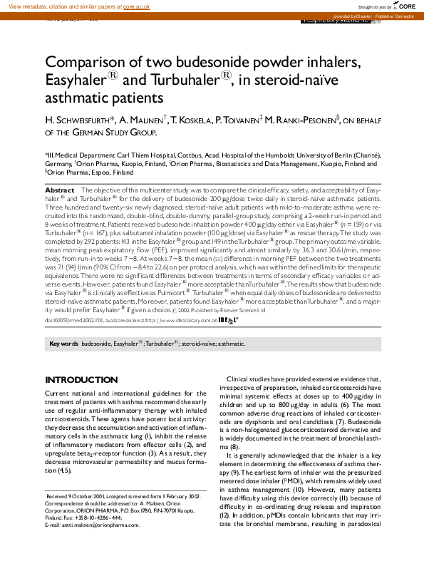 (PDF) Comparison of two budesonide powder inhalers, Easyhaler® and Turbuhaler®, in steroid ...