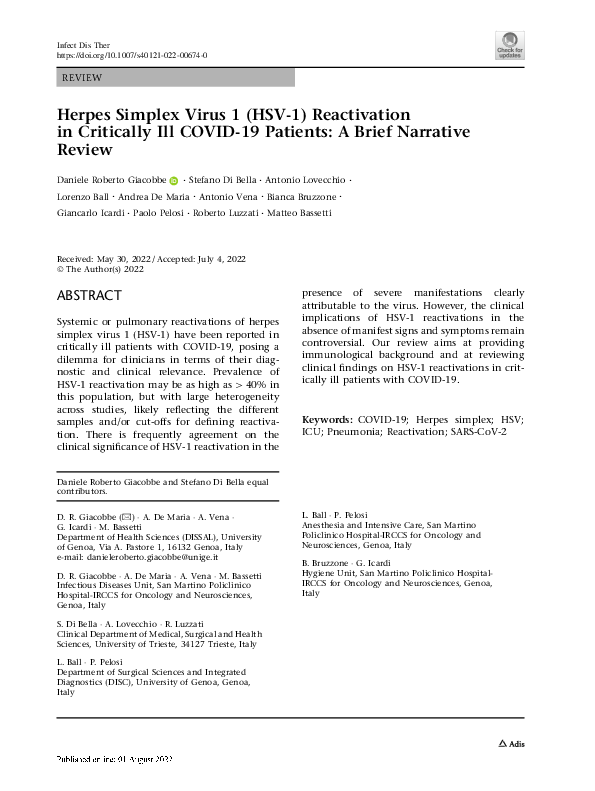 (PDF) Herpes Simplex Virus 1 (HSV-1) Reactivation in Critically Ill COVID-19 Patients: A Brief ...