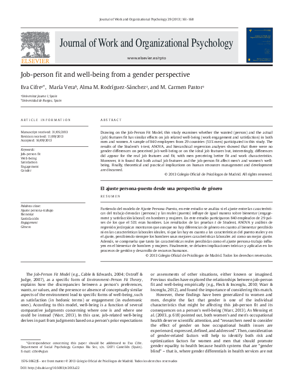 (PDF) Job-person fit and well-being from a gender perspective