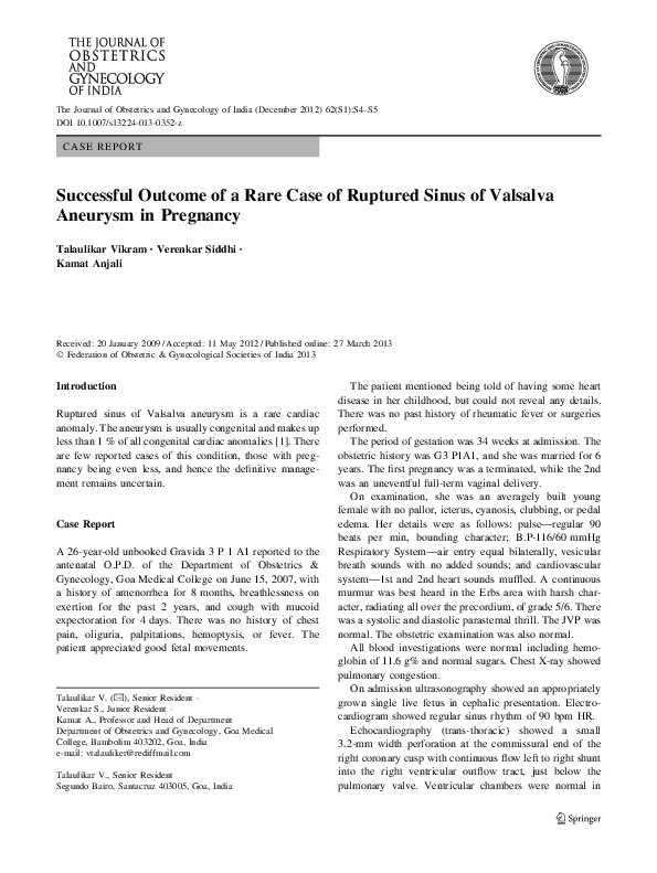 (PDF) Successful Outcome of a Rare Case of Ruptured Sinus of Valsalva ...