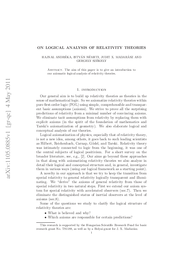 (PDF) On Logical Analysis of Relativity Theories
