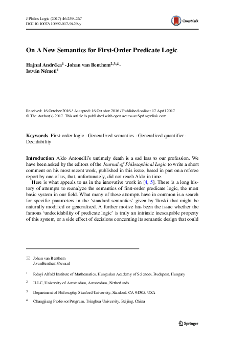 (PDF) On A New Semantics for First-Order Predicate Logic