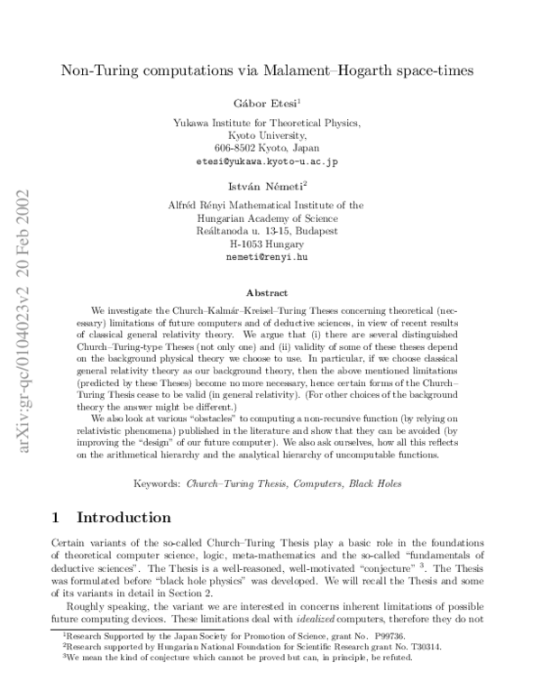 (PDF) Non-Turing computations via Malament-Hogarth space-times