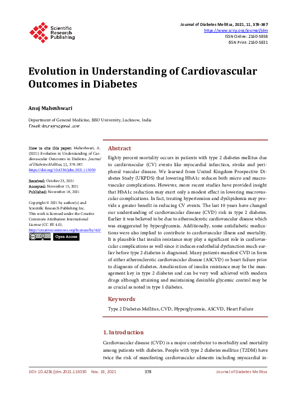(PDF) Evolution in Understanding of Cardiovascular Outcomes in Diabetes